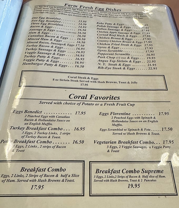 A menu so extensive it could double as light reading material. Breakfast all day is God's way of saying "It's never too late for French toast."
