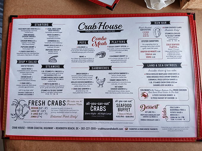 This menu isn't just reading material—it's a treasure map. X marks the spot where "all-you-can-eat crabs" transforms ordinary diners into seafood conquistadors.