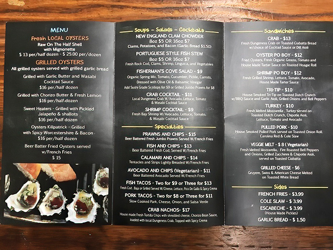 The menu board reads like a love letter to the Pacific—Dungeness crab, local oysters, and that legendary clam chowder that haunts your dreams after just one spoonful.