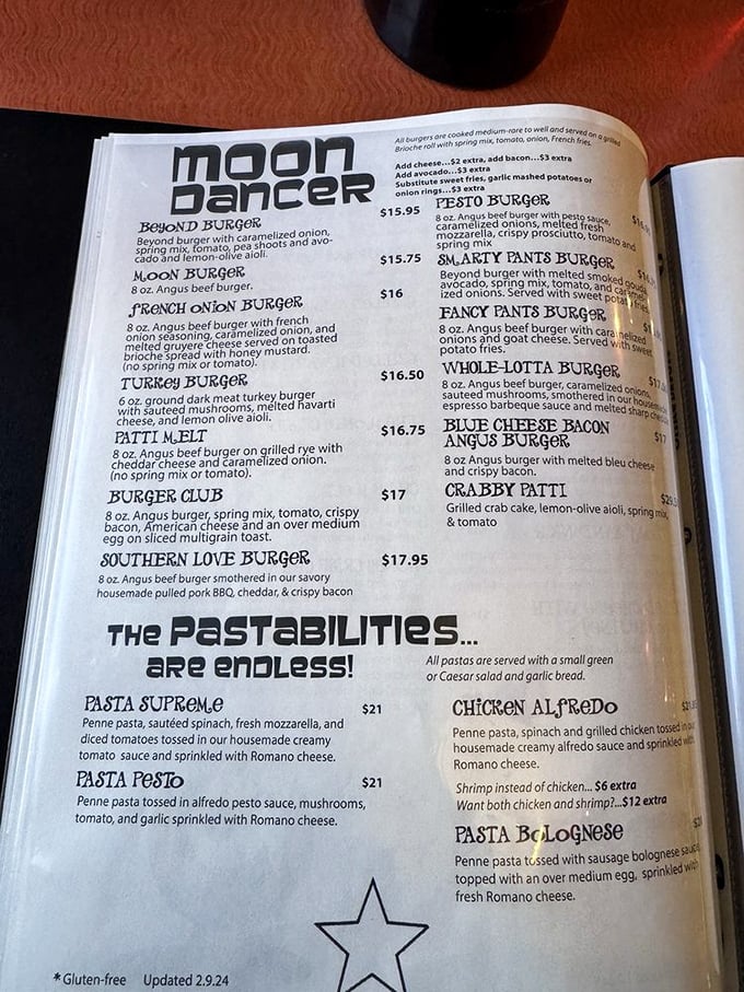 The menu's "Pastabilities Are Endless!" declaration isn't just cute wordplay—it's a delicious promise. Moon Burger, anyone?