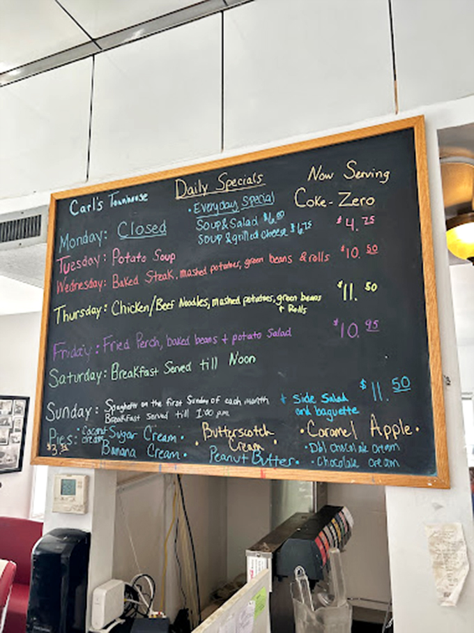 The chalkboard menu tells you everything you need to know—this place takes daily specials seriously, and pie is non-negotiable.