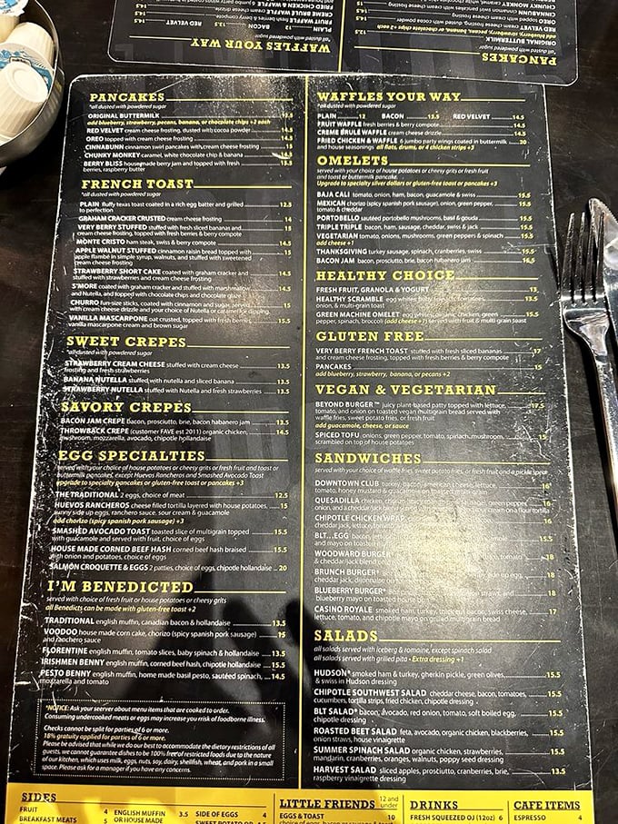 The menu reads like a breakfast lover's bucket list—from red velvet pancakes to voodoo benedicts, decision paralysis has never been so delicious.