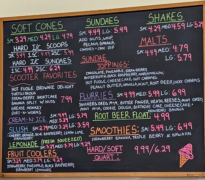 The dessert menu board—where diet plans go to die happy deaths and ice cream dreams come true.
