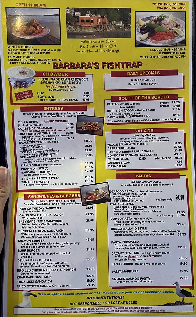 This menu isn't just a list—it's a maritime treasure map. The "NO SUBSTITUTIONS" warning at the bottom is the culinary equivalent of "abandon all diet plans, ye who enter here."