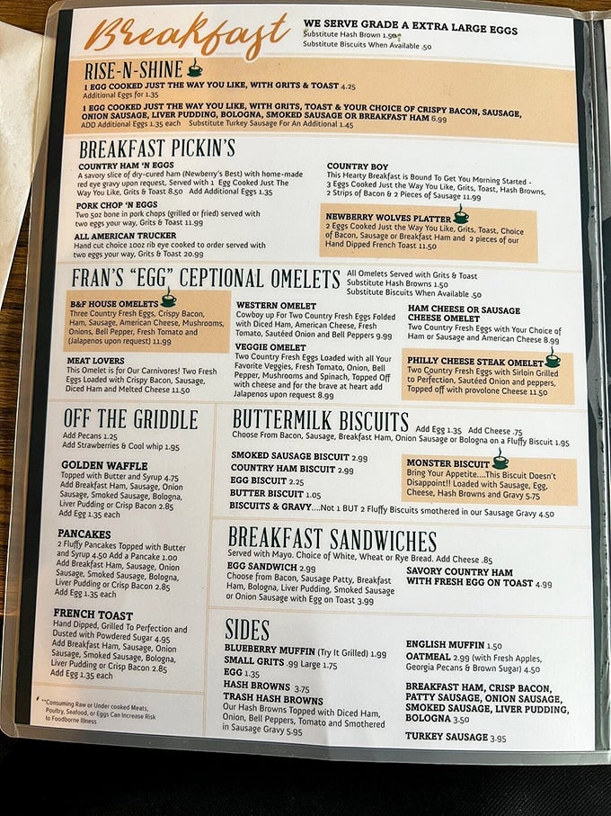 "Fran's 'Egg'ceptional Omelets" isn't just cute wordplay—it's truth in advertising. The "Monster Biscuit" lives up to its name, challenging even the heartiest appetites.