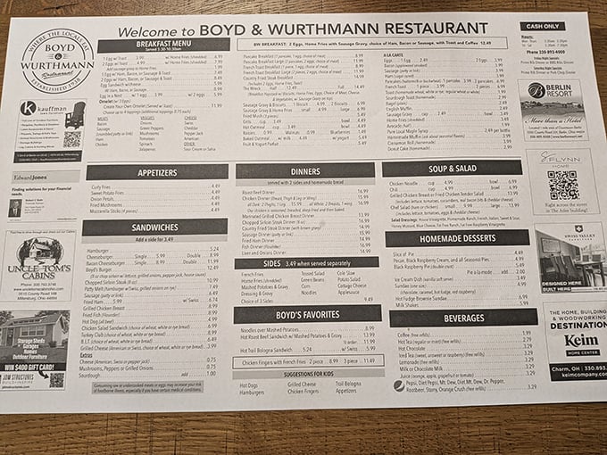 The menu is pure comfort in print—meatloaf, noodles, and fried bologna reminding you why diners never go out of style.