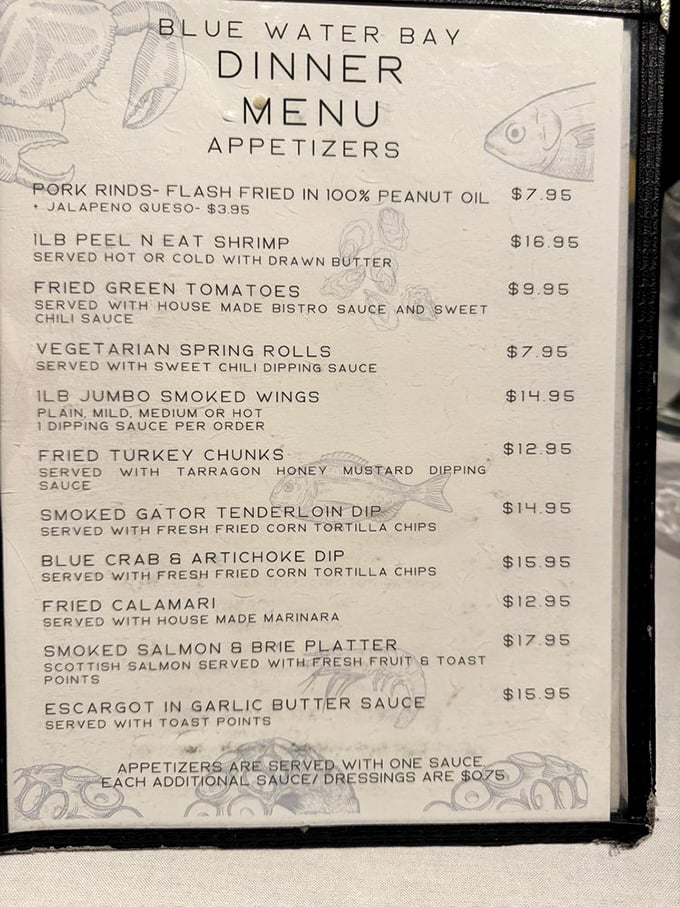 The appetizer menu reads like a love letter to Florida's waters. Smoked gator tenderloin dip? That's not tourist bait—that's the real deal.