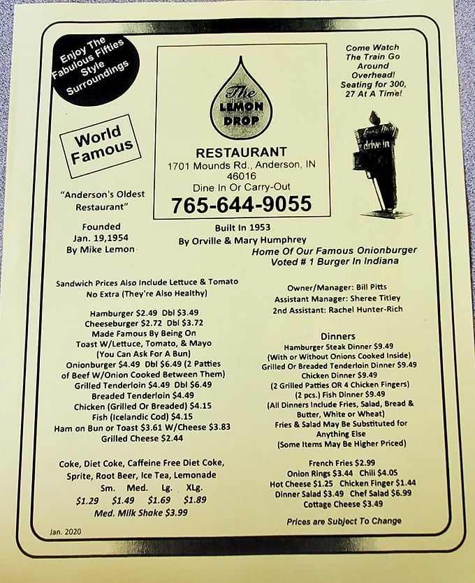 This menu isn't just a list of food—it's a historical document showcasing nearly seven decades of culinary consistency and prices that won't give your wallet indigestion.