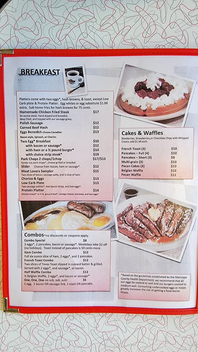The breakfast menu reads like a love letter to morning indulgence—chicken fried steak, pecan waffles, and combos that laugh in the face of diets.