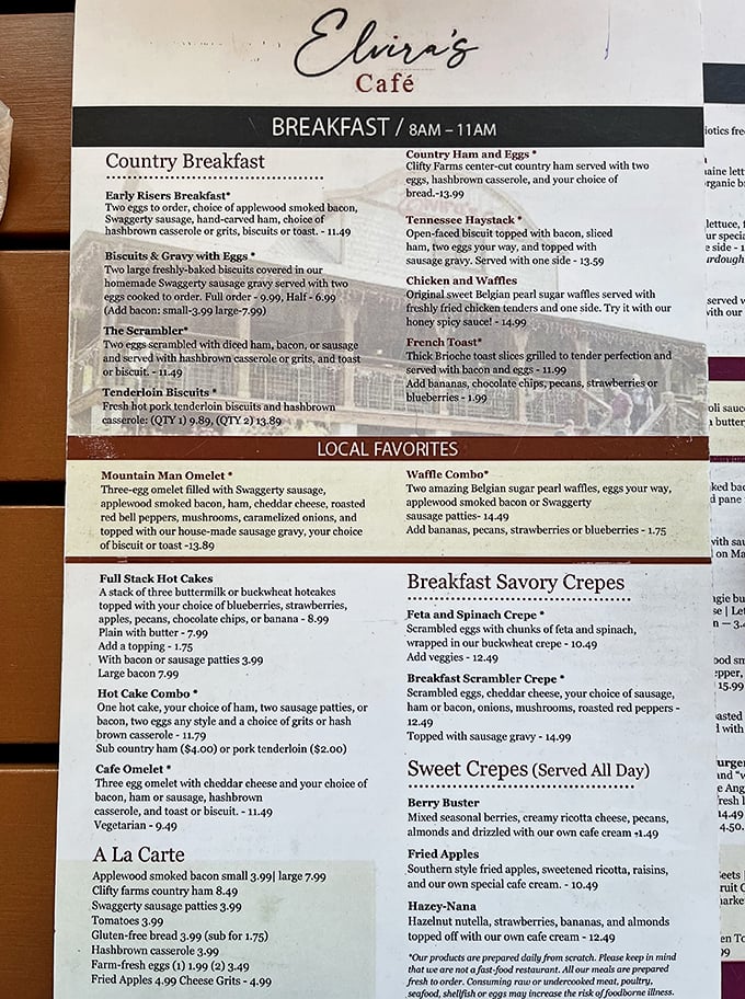 This isn't just a menu—it's a roadmap to happiness. The "Mountain Man Omelet" isn't merely a breakfast; it's a Tennessee rite of passage.