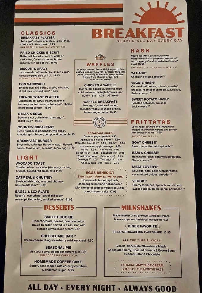 The menu reads like a love letter to comfort food classics. Breakfast all day? That's not just convenience—that's civilization at its finest.