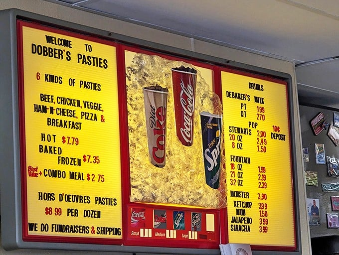 Six varieties of hand-held heaven await on this glowing menu board. Decision paralysis has never been so delicious.