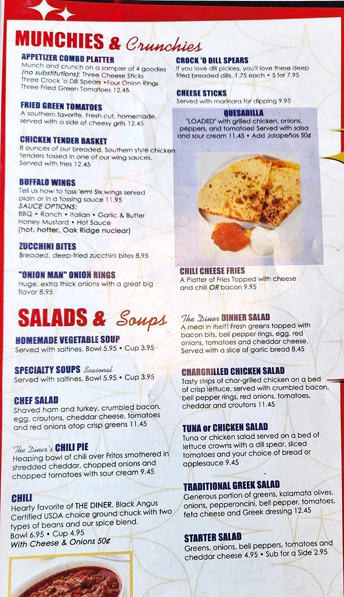 The menu reads like a greatest hits album of American comfort food, with "Munchies & Crunchies" that would make any road trip worthwhile.