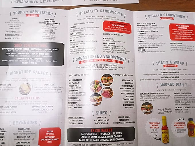 The menu reads like a love letter to Jewish deli classics – each description promising a sandwich that requires both hands and several napkins.