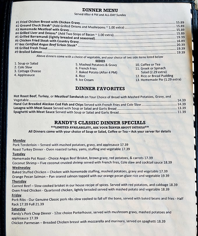 The dinner menu reads like a love letter to American comfort food classics. No molecular gastronomy here—just the dishes that make you feel like someone's grandma is in the kitchen.