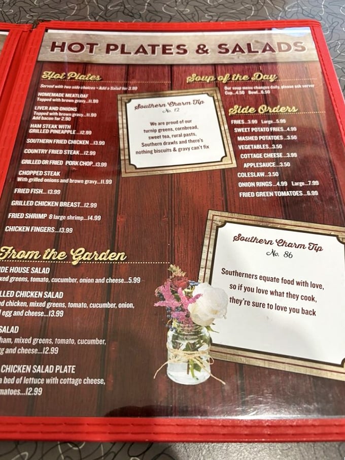 A menu that reads like a love letter to Southern cuisine. That "Southern Charm Tip" isn't lying—these folks definitely equate food with love.