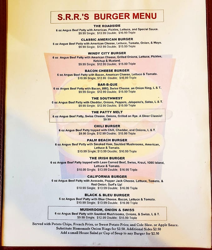 A burger menu that reads like a love letter to American beef, with prices that won't require a second mortgage.
