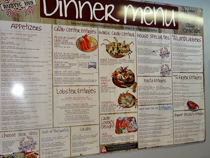 This menu isn't just a list of dishes—it's a treasure map to seafood nirvana. The "World Famous Garlic Crabs" section is calling your name.