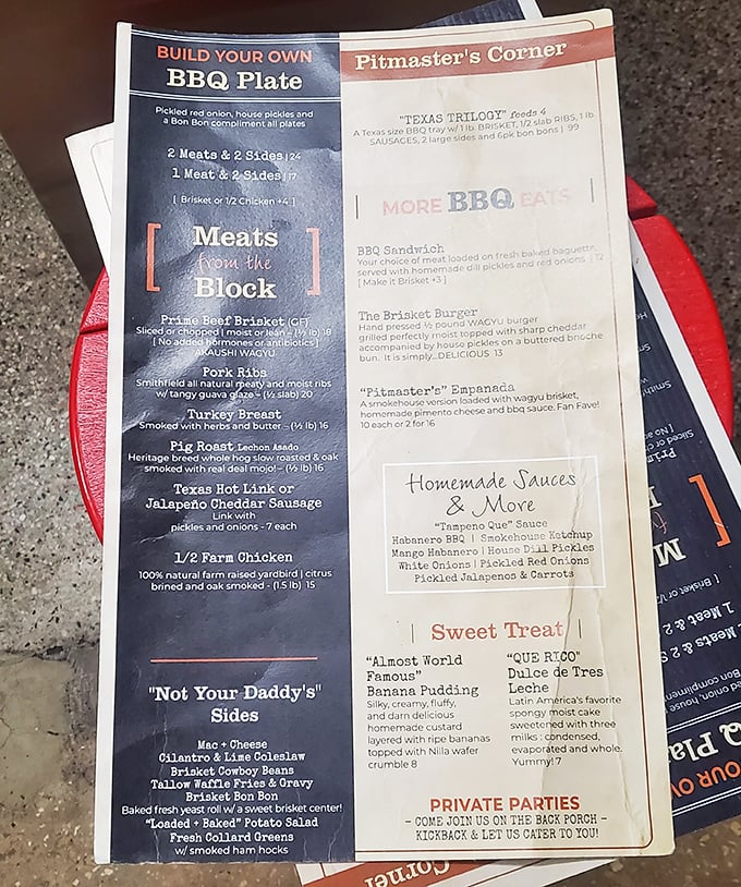 The menu's "Build Your Own BBQ Plate" philosophy is democracy at its finest – freedom never tasted so smoky.