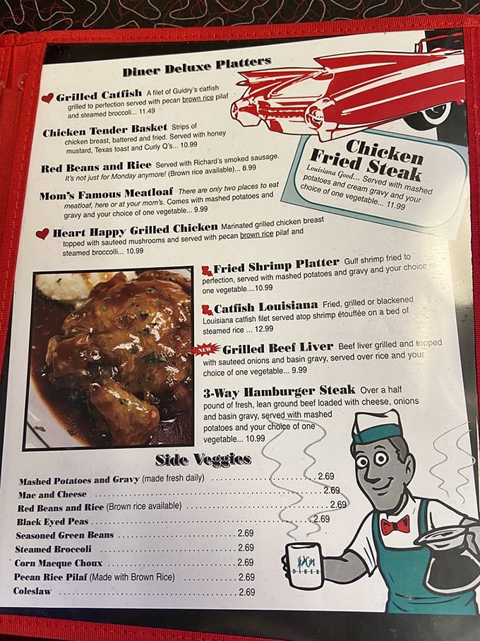 The menu reads like a love letter to Louisiana comfort food, where heart-happy grilled chicken shares space with catfish platters and mom's famous meatloaf.