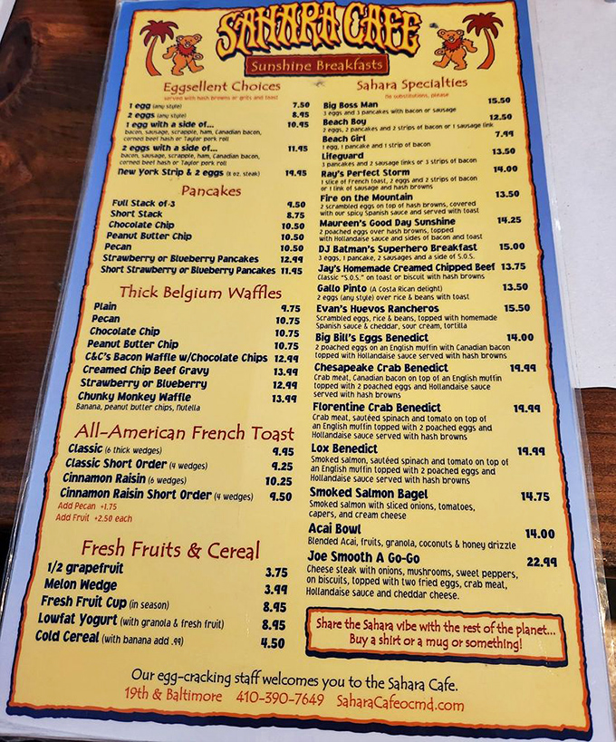 This menu isn't just a list—it's a roadmap to breakfast nirvana. The "Eggsellent Choices" section alone could keep you returning for weeks.