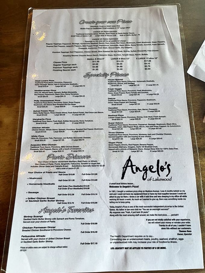 A menu that reads like a love letter to Italian-American cuisine. Each description promises a different path to happiness.