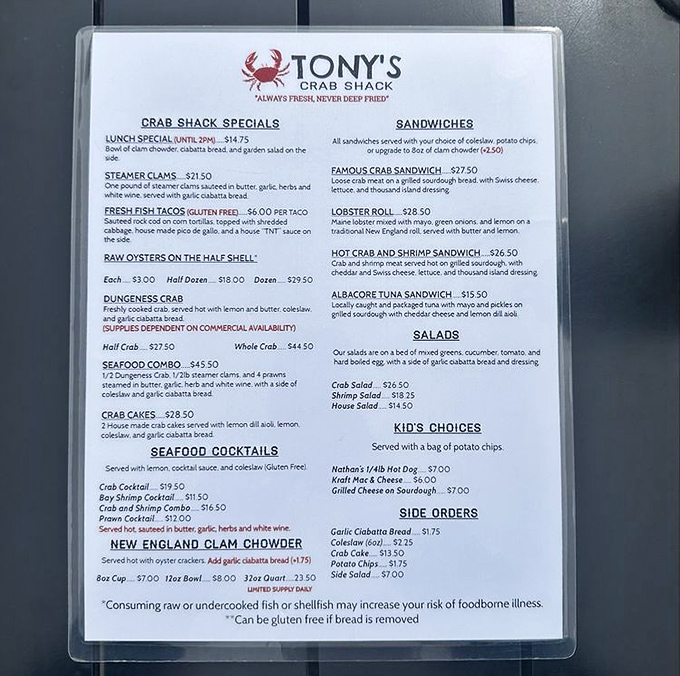 A menu that reads like poetry to seafood lovers. "Always fresh, never deep fried" isn't just a slogan—it's the coastal promise that keeps people coming back.