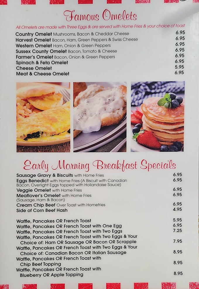 A menu that reads like a breakfast lover's diary – every omelet tells a delicious story.