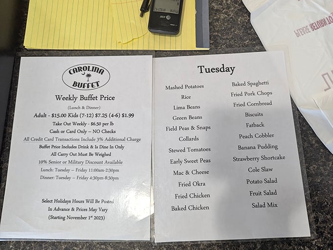 Tuesday's menu reads like a love letter to Southern cooking. Each item represents generations of culinary wisdom distilled into buffet perfection.