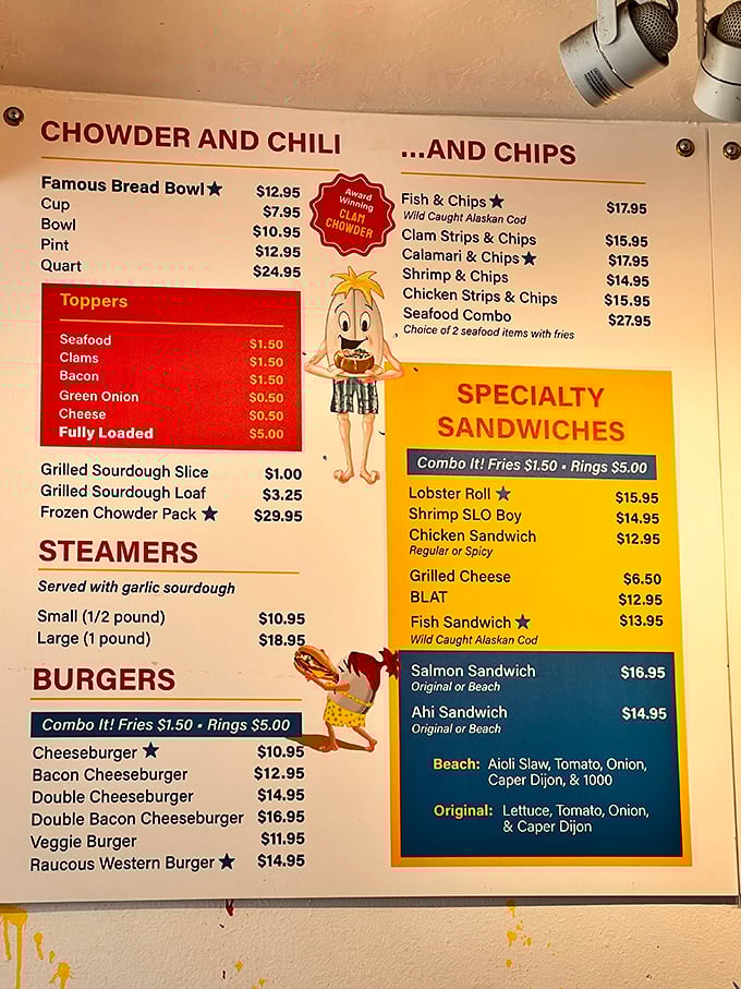 That menu board reads like a love letter to seafood, with the bread bowl chowder playing the romantic lead role.