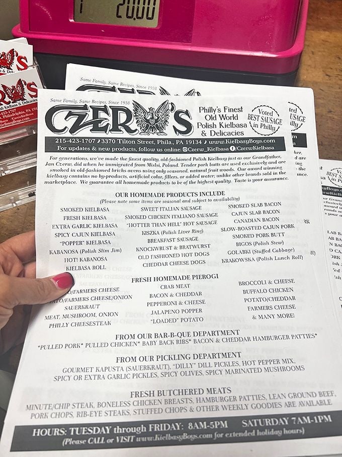 This menu isn't just a list—it's a passport to Polish culinary heritage. Notice how "Hotter Than Hell" sits casually between breakfast sausage options. 
