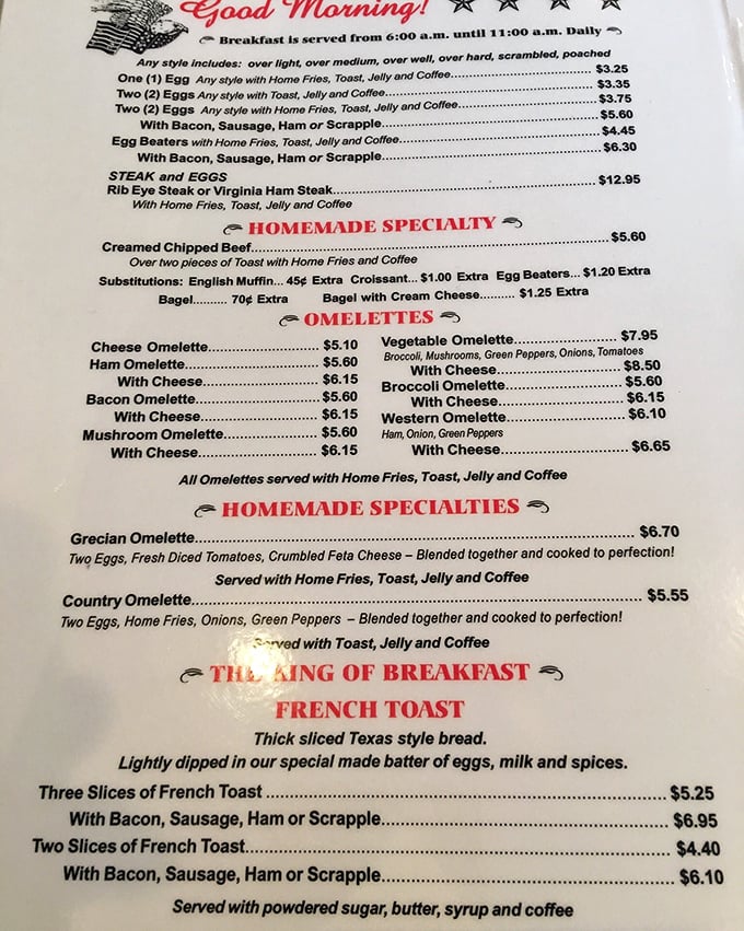 A breakfast menu that reads like comfort food poetry. Those "Homemade Specialties" aren't just words – they're promises of satisfaction to come.