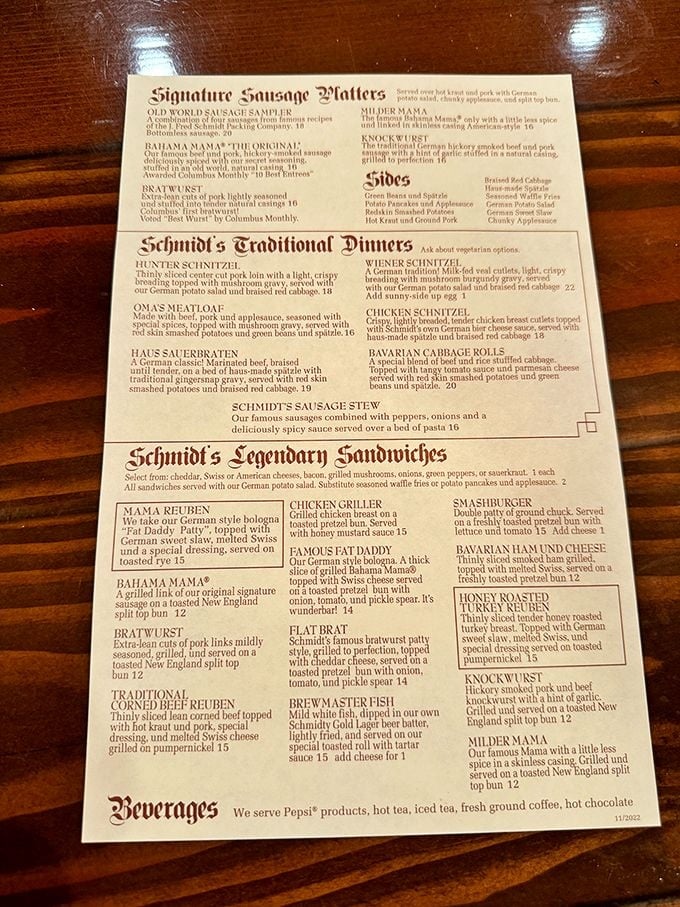 This menu isn't just a list of food—it's a passport to Bavaria. The Bahama Mama sausage has won awards, which is exactly the validation my appetite needs. 