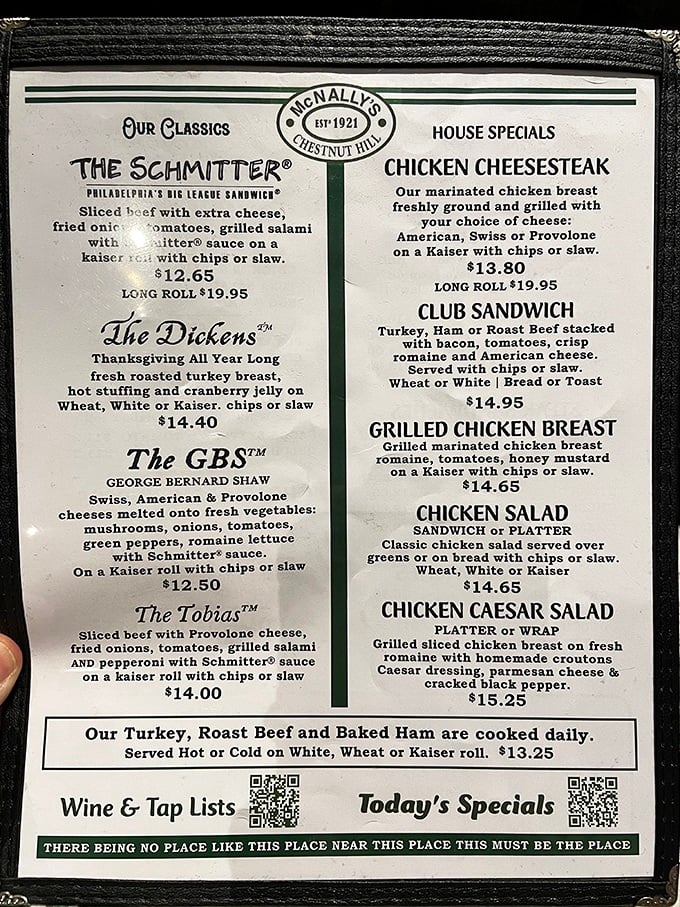 The menu reads like a love letter to sandwich perfection. That tagline at the bottom? Pure Philadelphia philosophy in action. 