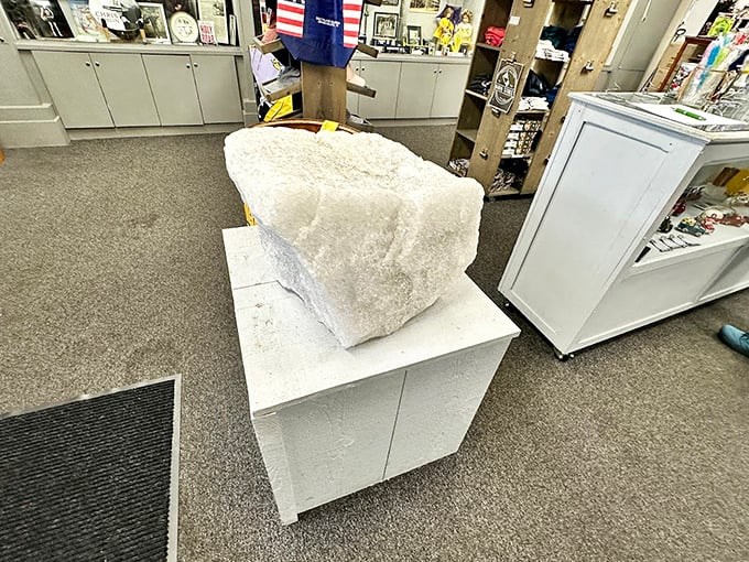The star of the show: a massive chunk of pure rock salt that looks like an iceberg's landlocked cousin.