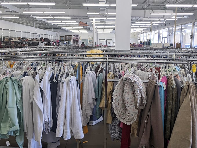 A rainbow of garments awaits new owners – each hanger a potential "where did you get that?" conversation starter.