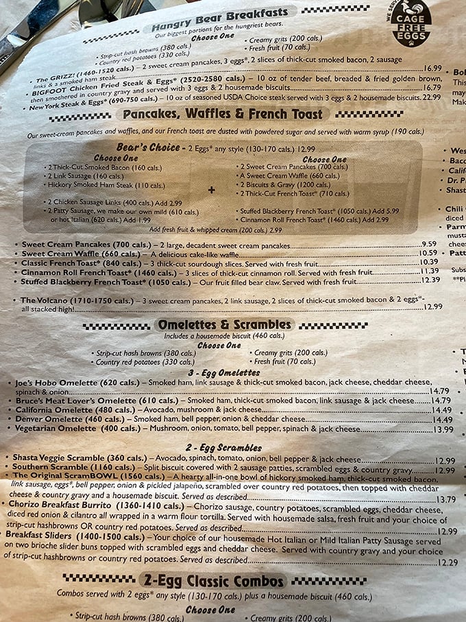 This menu isn't just reading material—it's a novel of comfort food possibilities. The "Hungry Bear Breakfasts" section alone could feed a hibernating family.