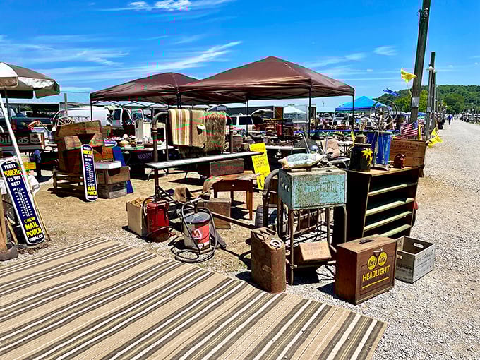 Rustic Americana on full display. Vintage trunks and weathered signs tell stories of bygone eras, just waiting for a second life.
