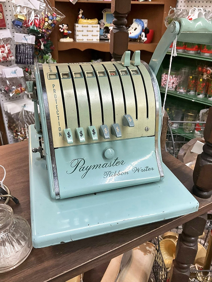 Before spreadsheets ruled the world, this mint-green Paymaster Ribbon Writer calculated our finances with mechanical precision and mid-century charm.