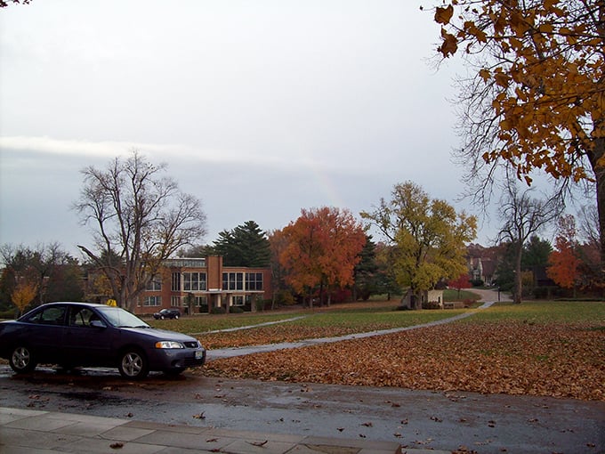 Fall's paintbrush transforms Principia College's campus into a masterpiece of amber and crimson, nature's own stained glass window above the village.