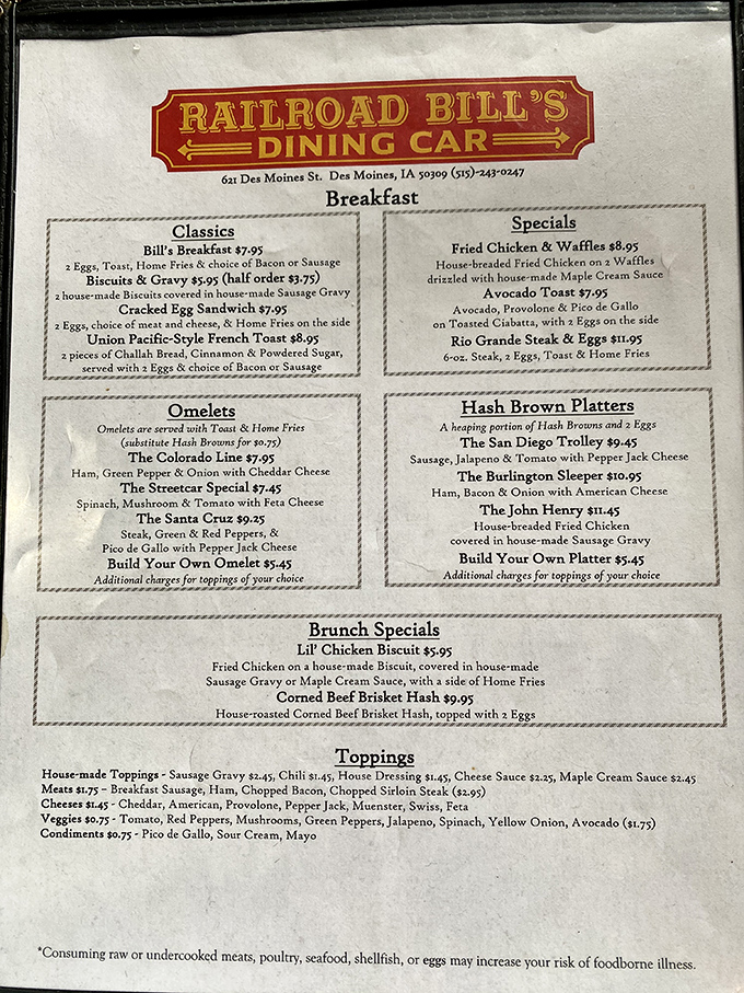 The menu reads like a love letter to breakfast classics, with each item promising the comfort of home cooking without having to wash a single dish.
