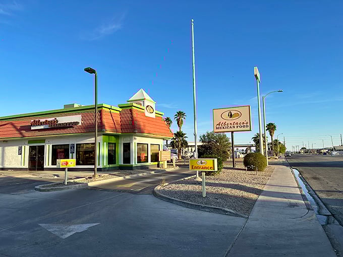 Alberto's Mexican Food offers a splash of color against the desert palette, where hungry travelers find refuge from interstate monotony.