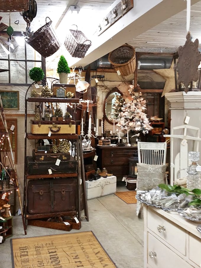 Christmas in July? This vignette proves good design is timeless—wicker baskets hanging like mistletoe above perfectly staged nostalgia.