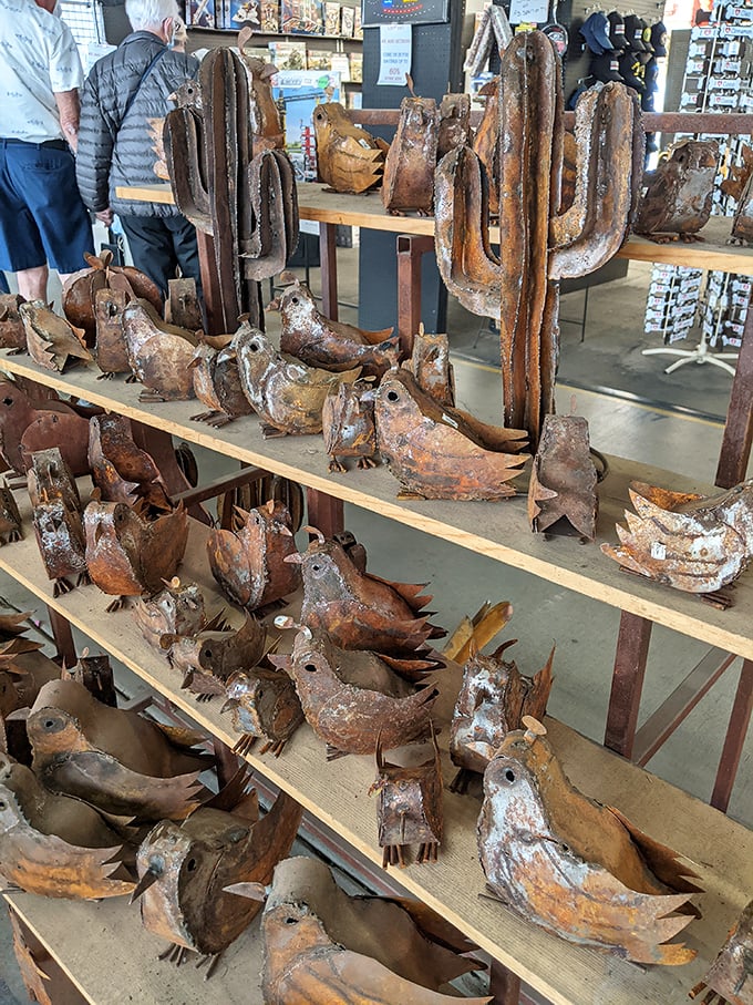 These rustic metal sculptures capture Arizona's desert spirit—perfect for gardens where real cacti refuse to cooperate.
