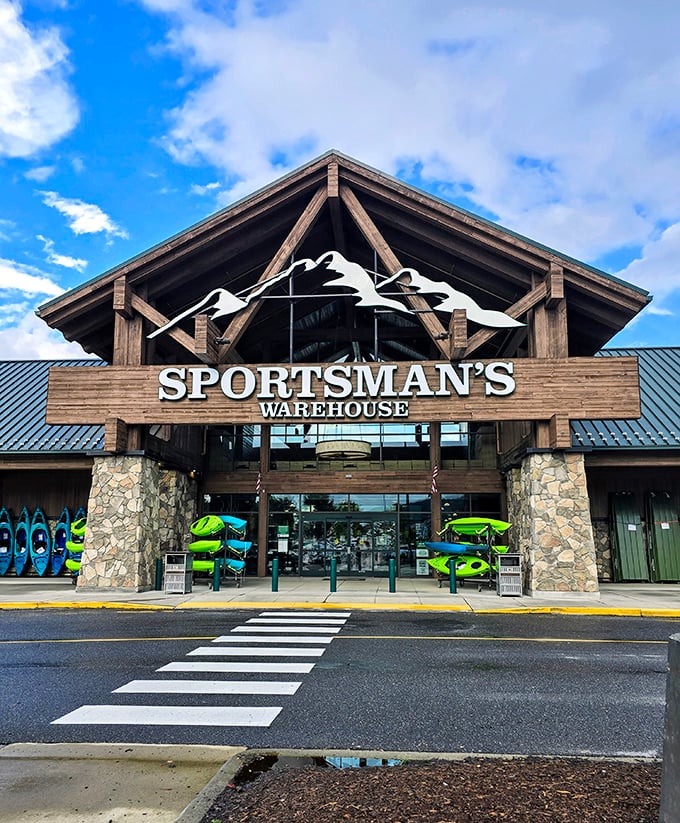 Sportsman's Warehouse brings the outdoors inside with its impressive timber-frame entrance – a lodge for gear enthusiasts.