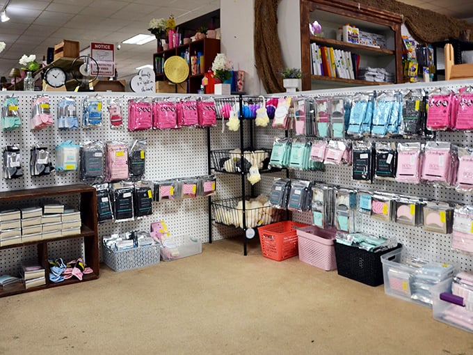 The pegboard wall isn't just displaying merchandise—it's showcasing the evolution of American stationery habits through the decades.