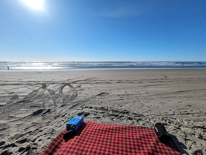 The ultimate beach picnic spot doesn't exi— Oh wait, it does! Red plaid blanket, cool blue cooler, and endless ocean views.