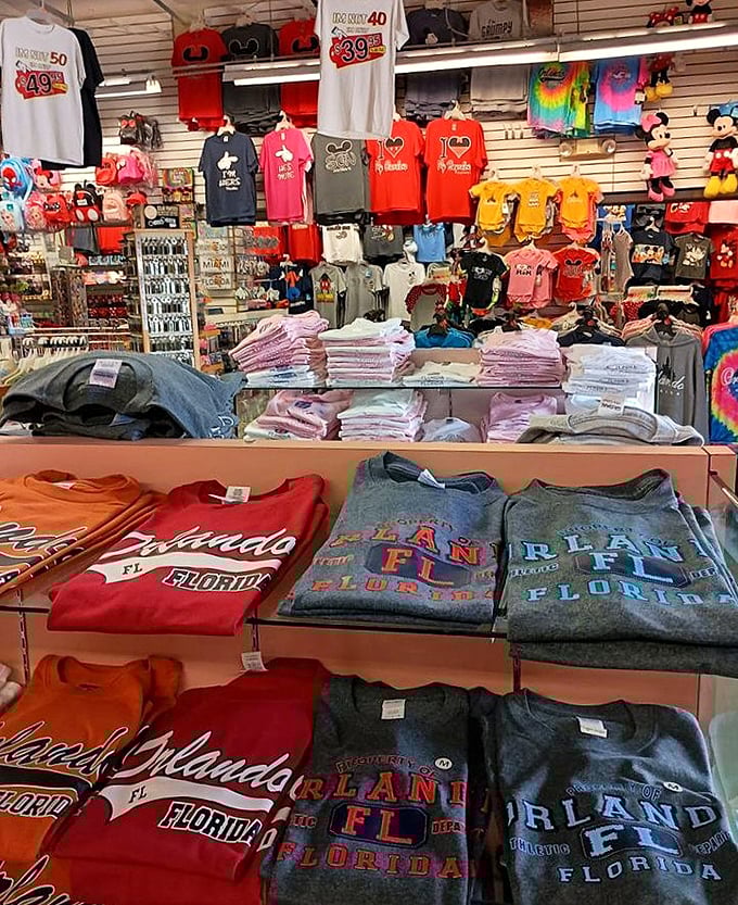Florida-themed shirts in every hue imaginable – because nothing says "I've been to the Sunshine State" like wearing it emblazoned across your chest.
