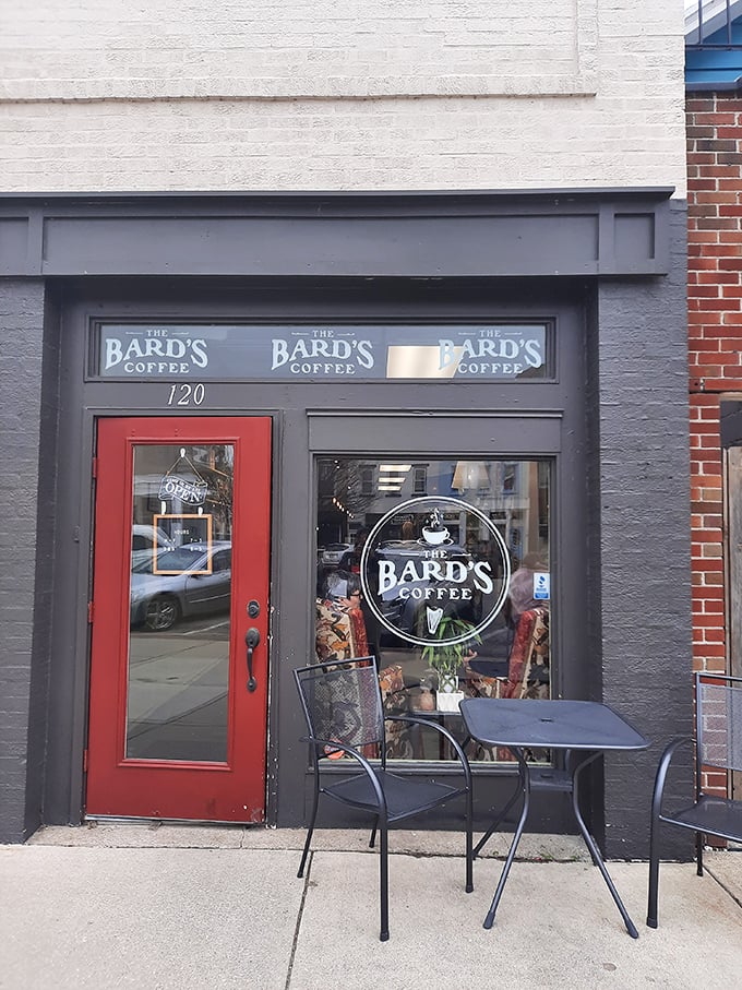 That red door at Bard's Coffee isn't just an entrance—it's a portal to the land of perfectly pulled espressos and neighborhood gossip.