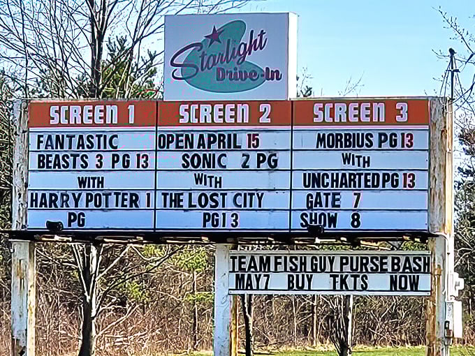 The marquee tells stories before the movies even begin—a colorful promise of adventures waiting just beyond the ticket booth.